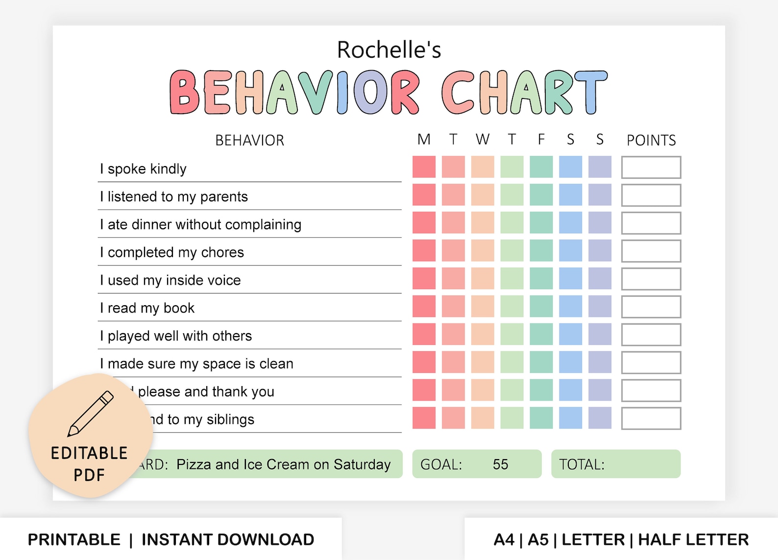 Behavior Chart - Children Behavior Tracker - Children Behavior Points ...