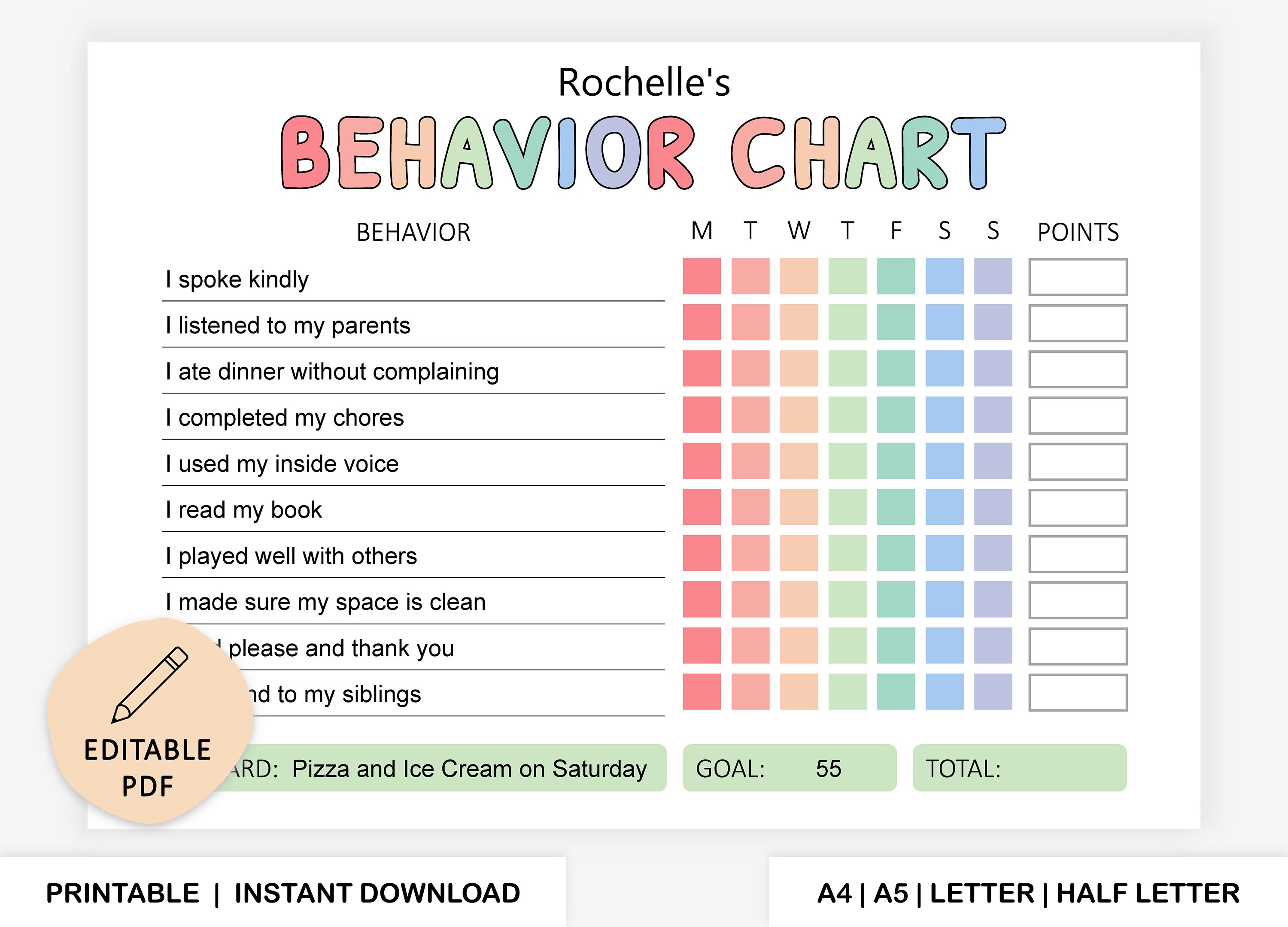Behavior Chart - Children Behavior Tracker - Children Behavior Points ...
