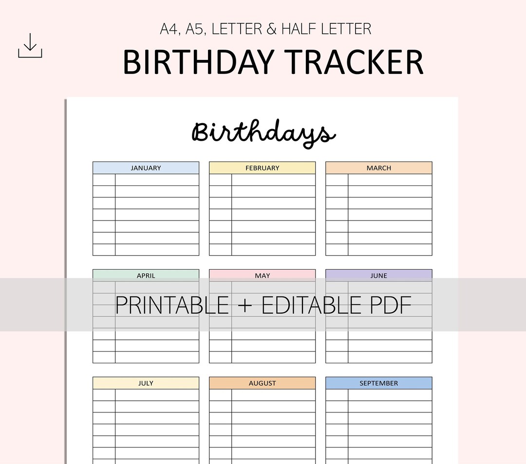 Editable Birthday Tracker Printable Birthdays List - Etsy Canada