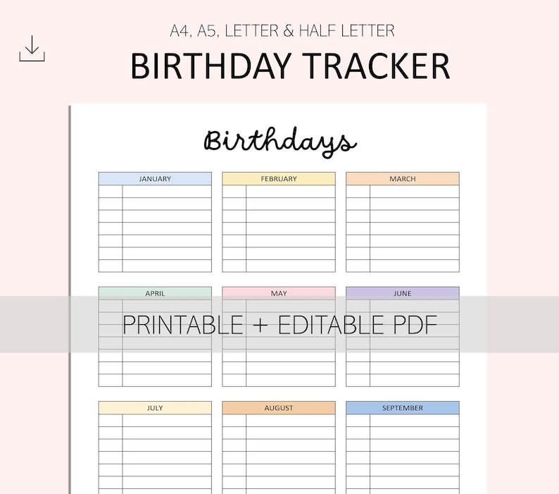 Editable Birthday Tracker Printable Birthdays List - Etsy UK