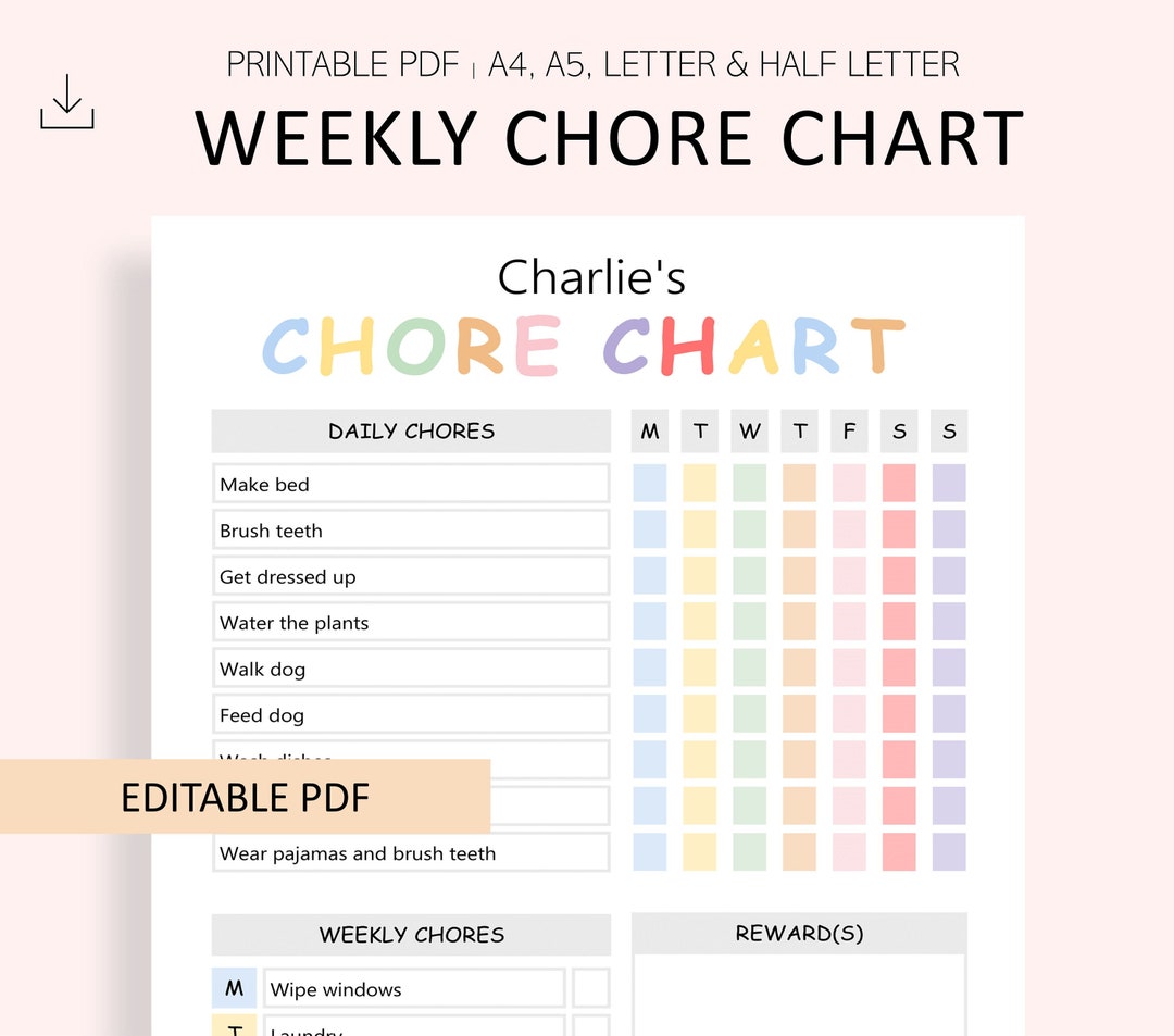 Editable Weekly Child Chore Chart Kids Chore Chart Chore Tracker ...