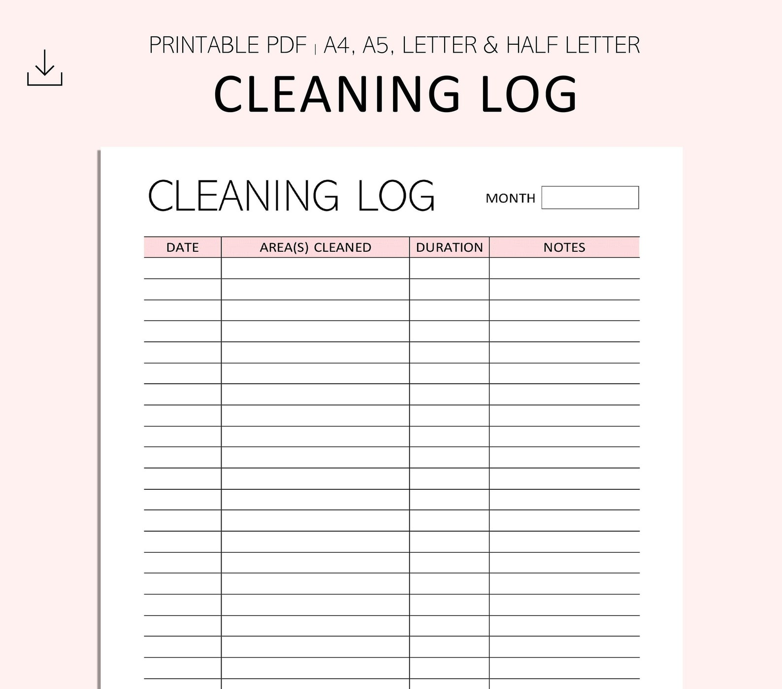 Cleaning Log Printable - Cleaning Tracker - Home Maintenance Printable ...