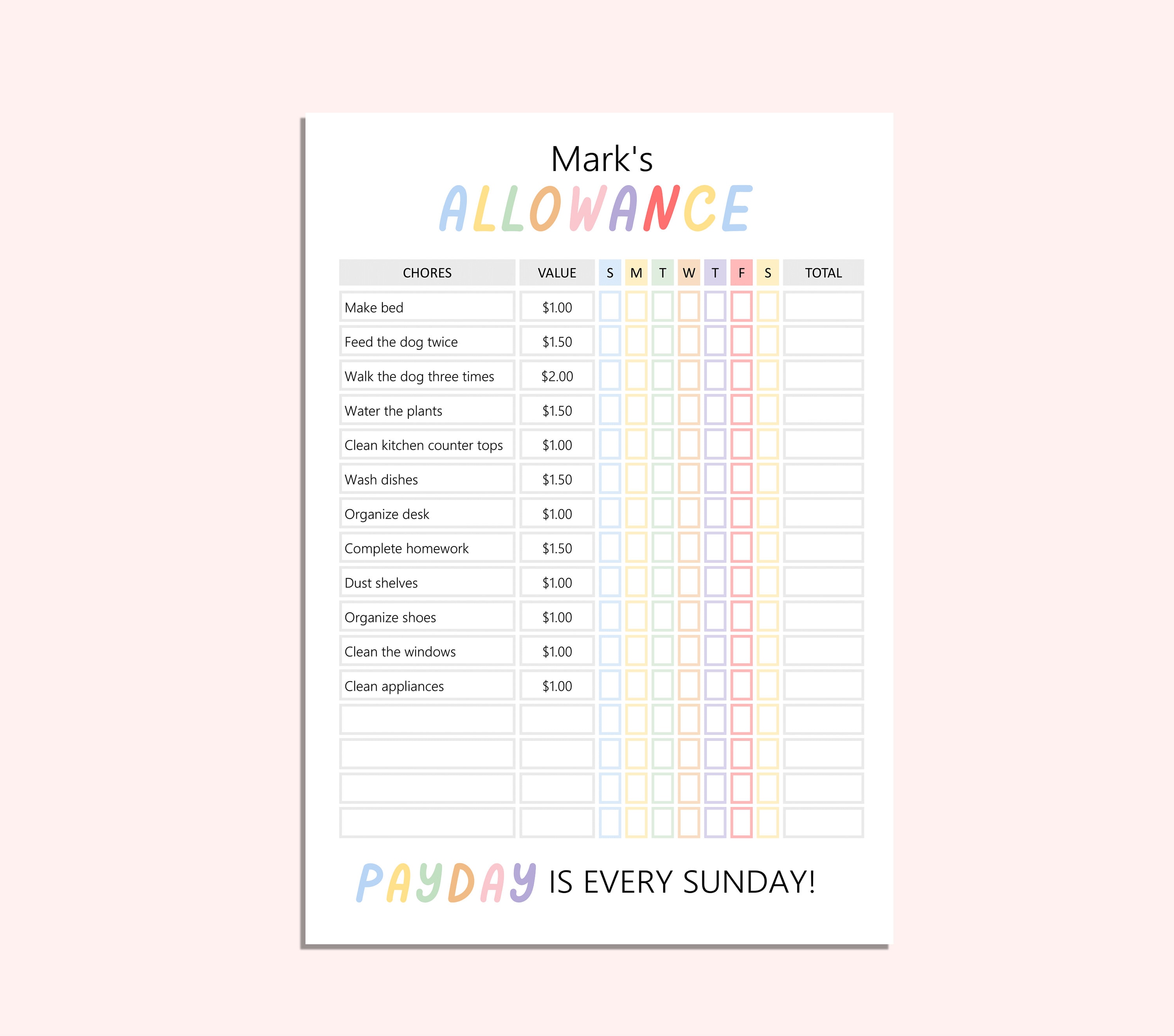Editable Weekly Allowance Tracker Kids Chore Chart Earn - Etsy