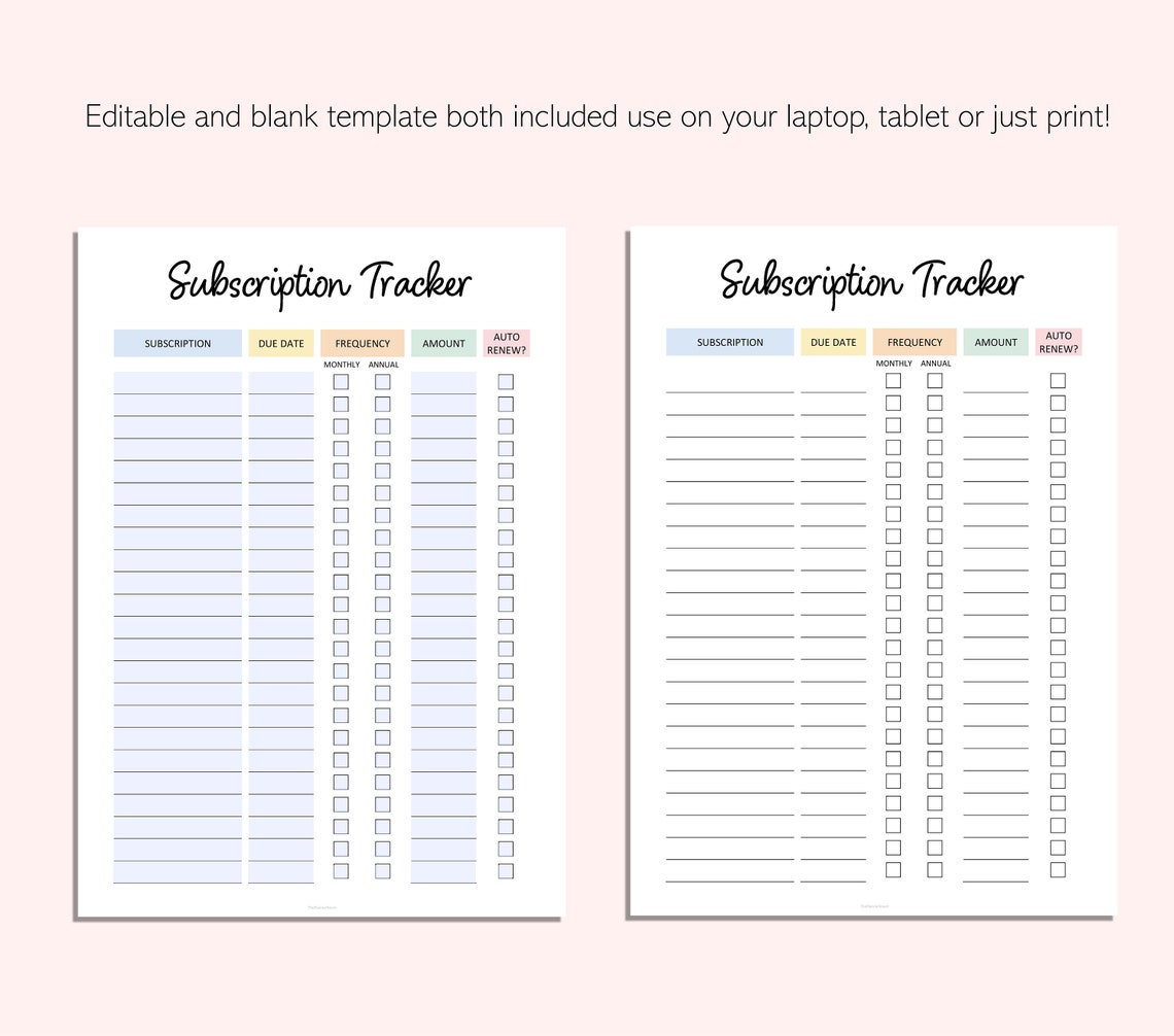 Editable Subscription Tracker Printable Subscription Log Subscription ...