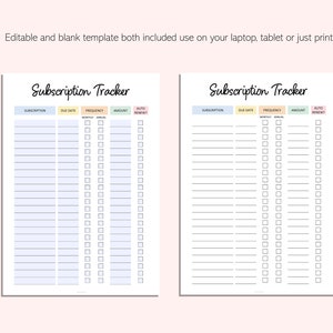 Editable Subscription Tracker Printable Subscription Log Subscription Checklist Expense Tracker ...