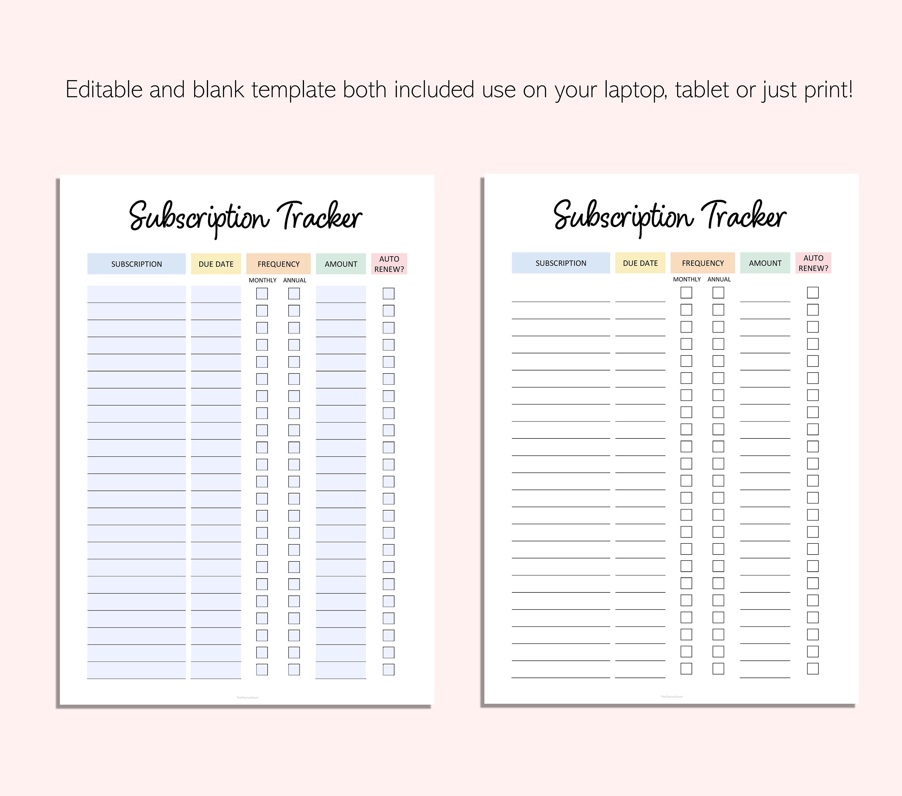 Editable Subscription Tracker Printable Subscription Log Subscription ...