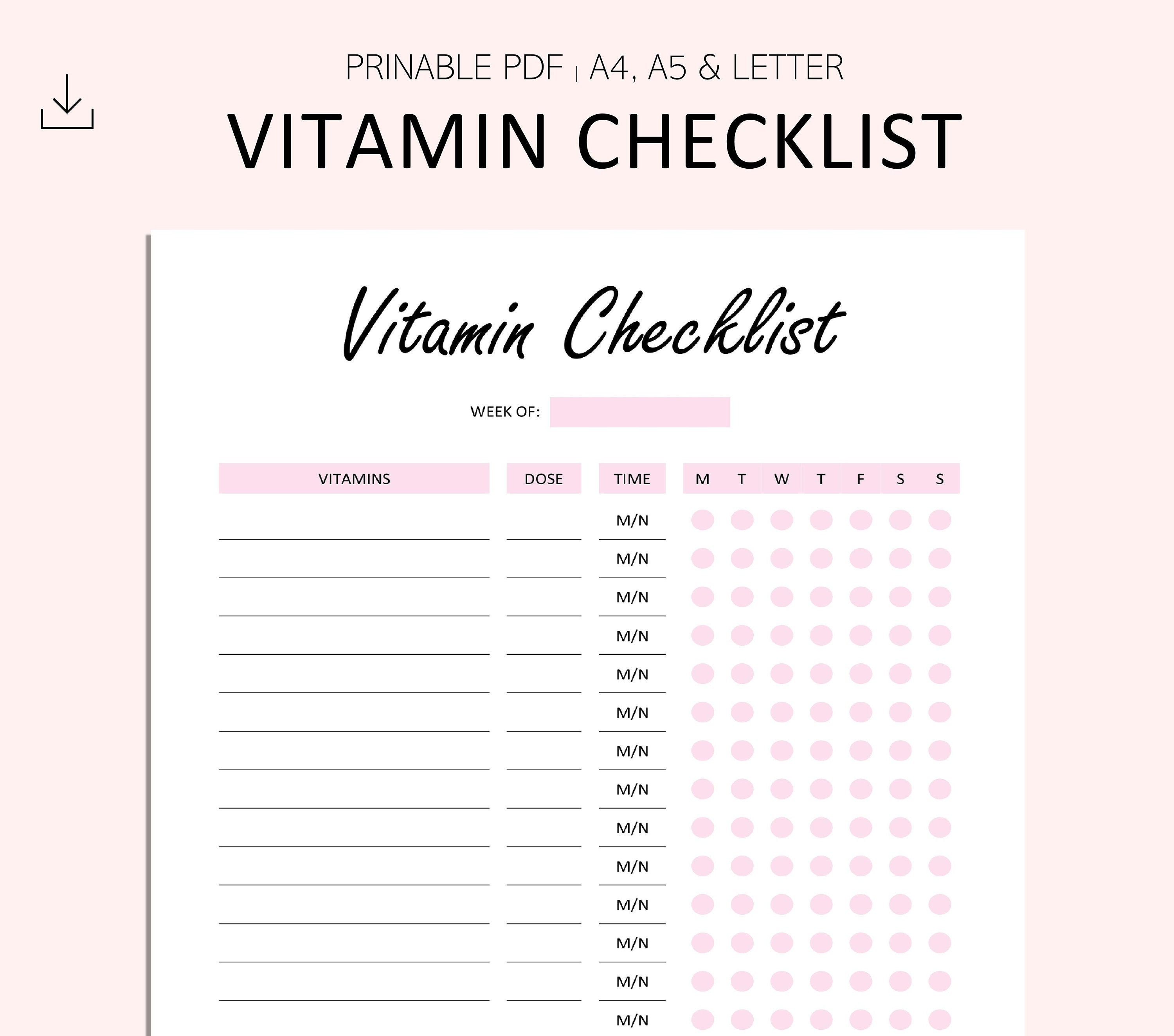 Vitamin Checklist - Vitamin Tracker - Weekly Supplement Checklist ...