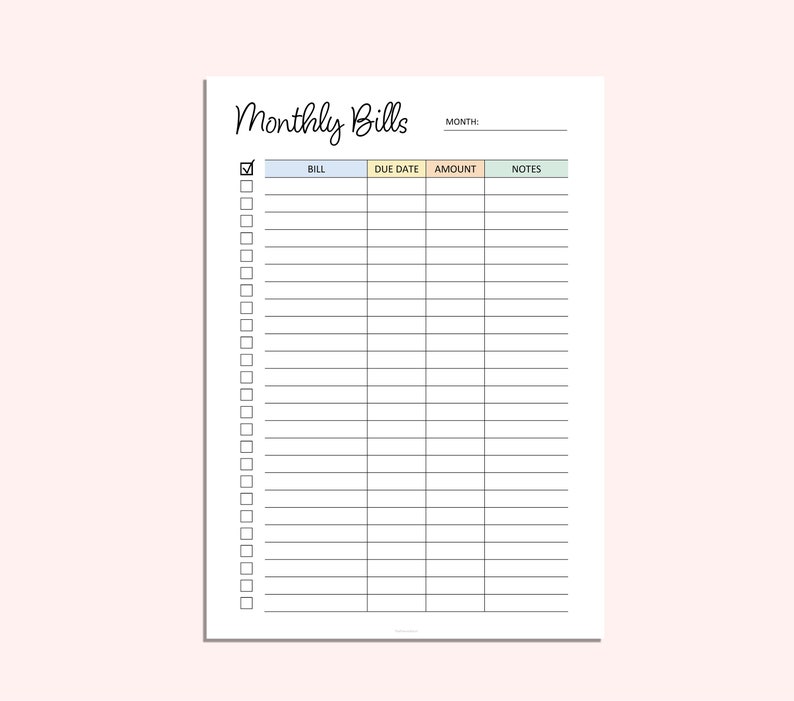 Monthly Bill Tracker Printable -editable Payment Tracker - Bill Log ...