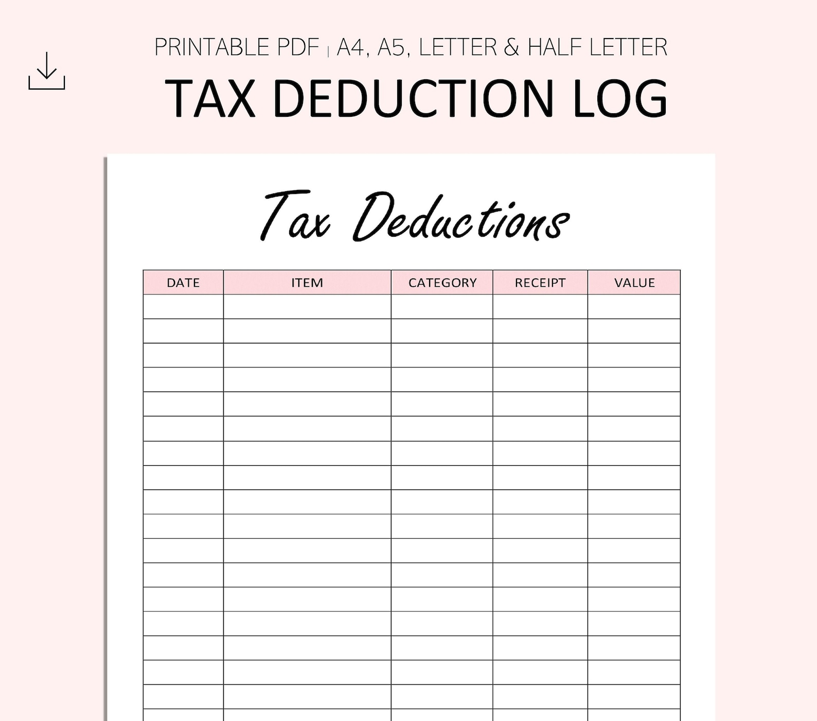 Tax Deduction Log Printable Tax Purchase Record Tax - Etsy