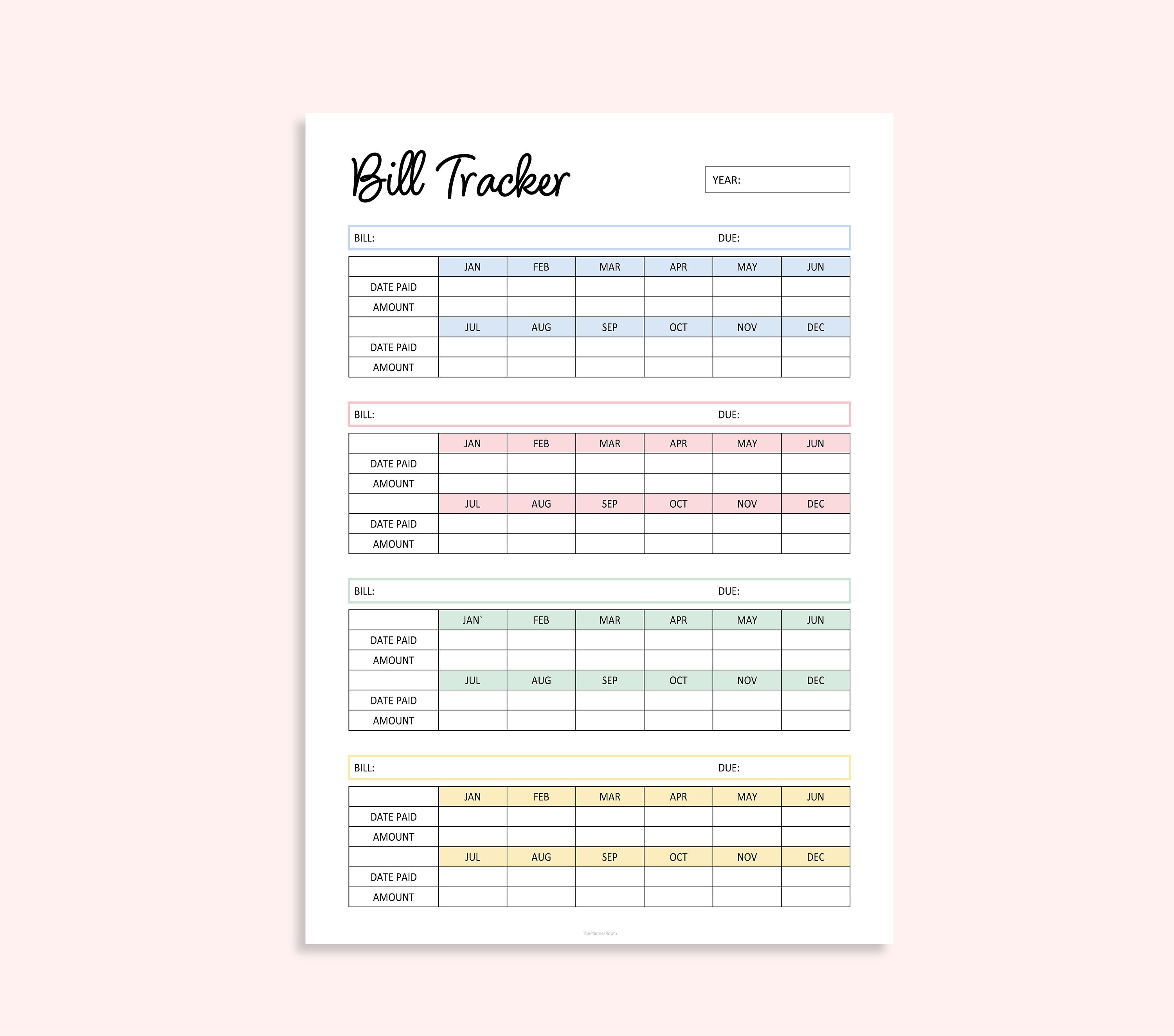 Editable Bill Tracker Tracker - Bill Log - Annual Bill Log - Utility ...