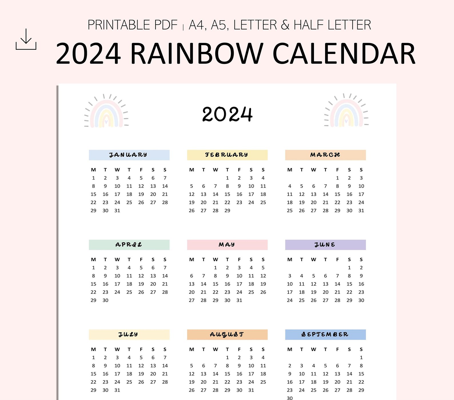2024 Rainbow Calendar 2024 Printable Calendar 2024 Digital Calendar ...