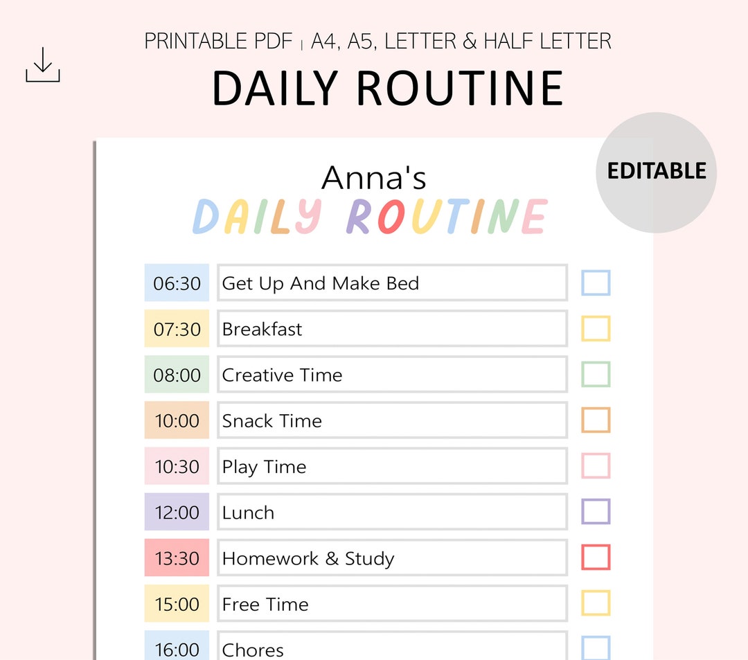 Editable Daily Routine Daily Schedule Printable Daily Timetable Planner ...