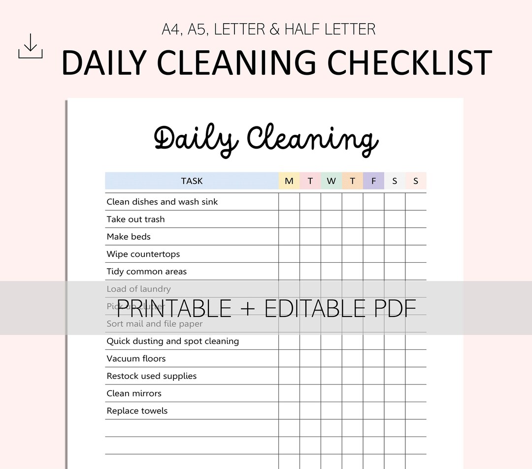 Editable Daily Cleaning Checklist Daily Chores Planner Daily Tasks List ...