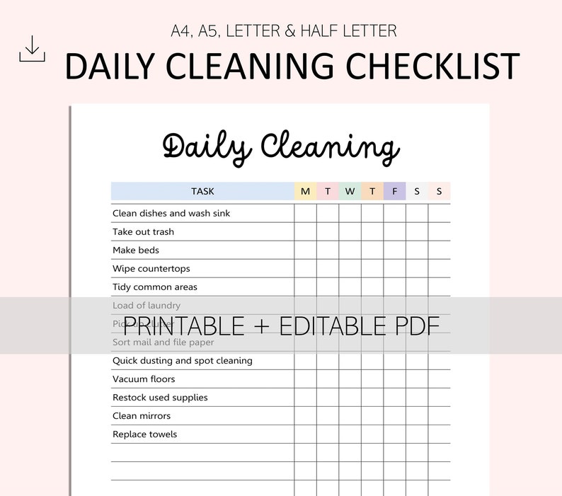Editable Daily Cleaning Checklist Daily Chores Planner Daily Tasks List ...