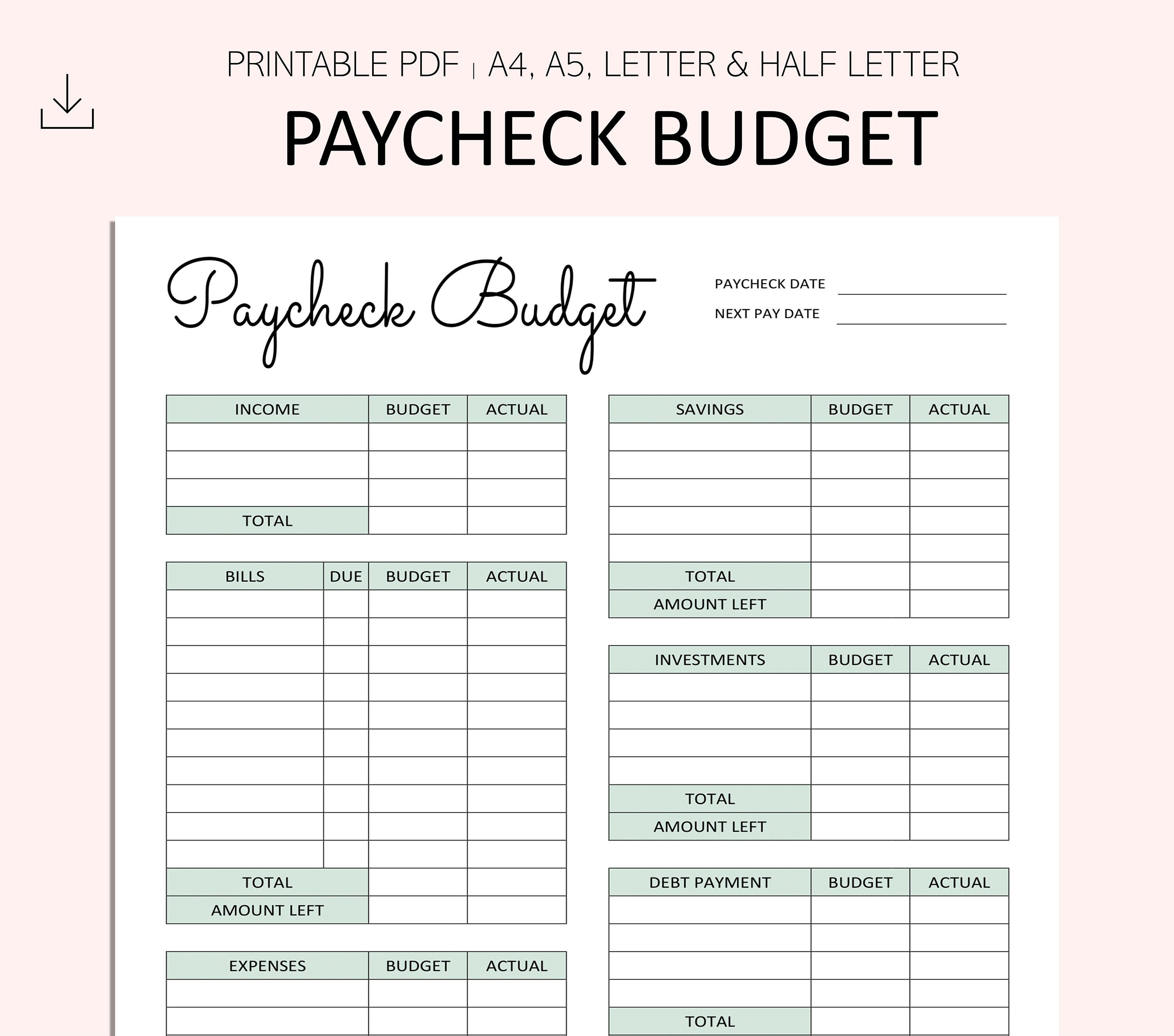Paycheck Budget Printable Budget Planner Budget Overview Template ...