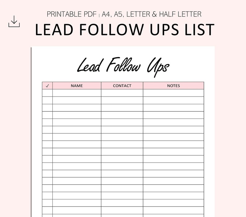 Leads Follow Ups List Printable - Leads Tracker Printable - Business ...