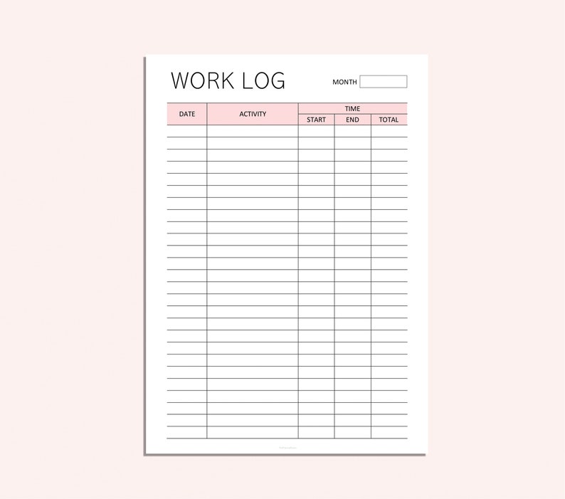 Work Log Printable - Time Spent Tracker - Time Log - Working Hours ...