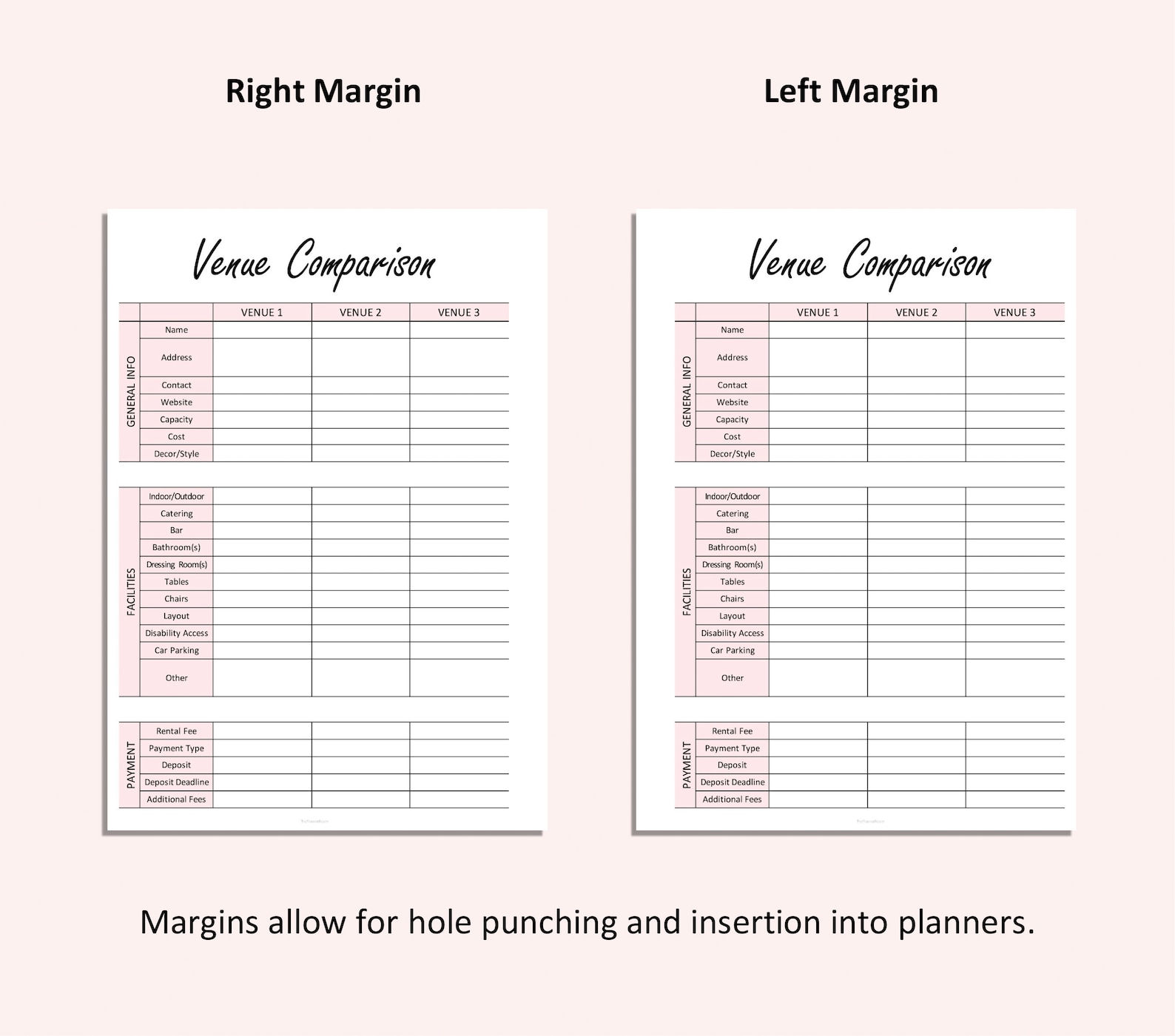 Venue Comparison Printable Event Planning Venue Details - Etsy