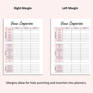 Venue Comparison Printable - Event Planning - Venue Details - Venue ...