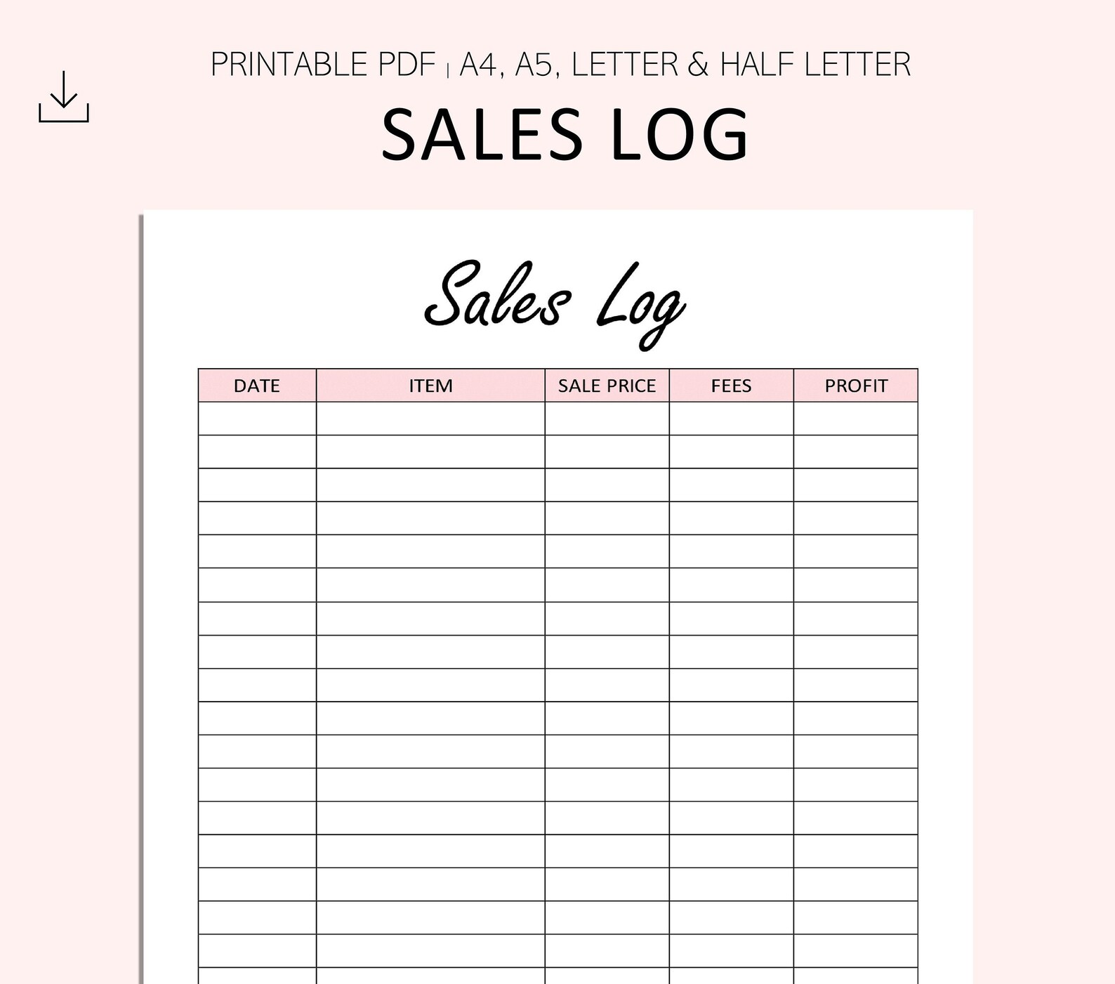 Sales Log Printable Sale Recorder Sale Profits Tracker Orders Log ...