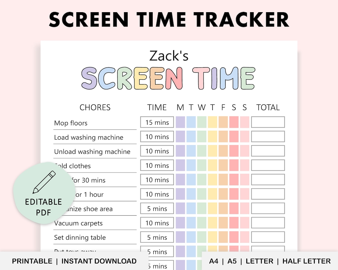Editable Screen Time Tracker for Kids Printable Screen Time Chart Earn ...