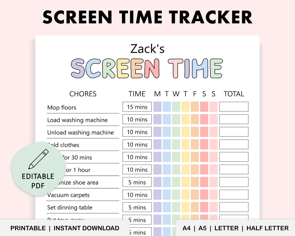 Editable Screen Time Tracker for Kids Printable Screen Time Chart Earn ...