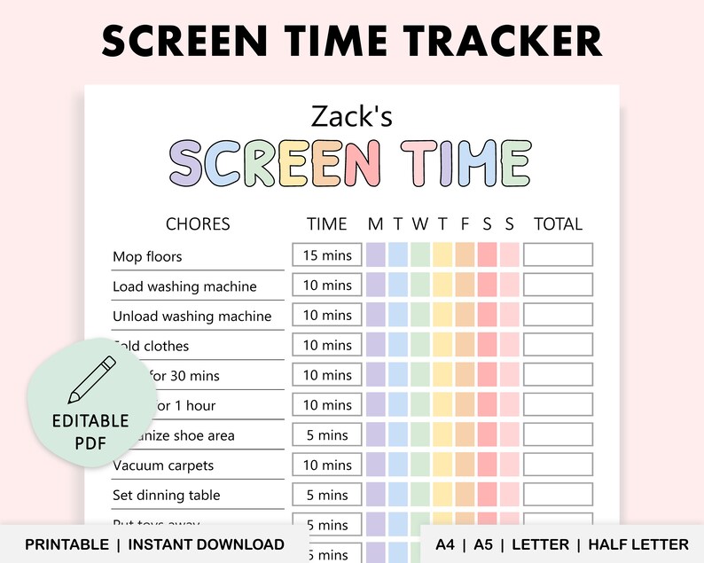 Editable Screen Time Tracker for Kids Printable Screen Time Chart Earn ...