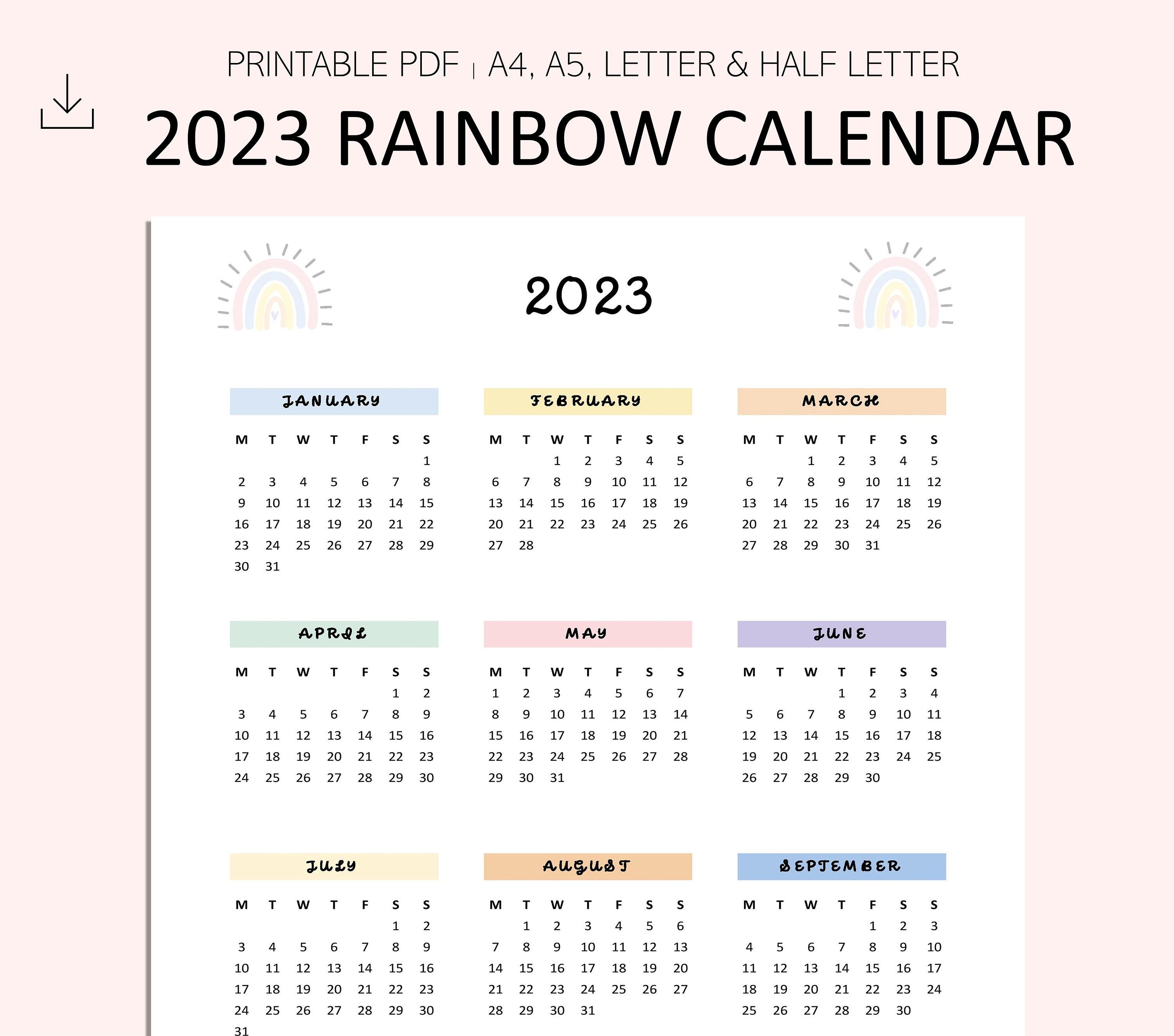 2023 Rainbow Calendar 2023 Printable Calendar 2023 Digital - Etsy