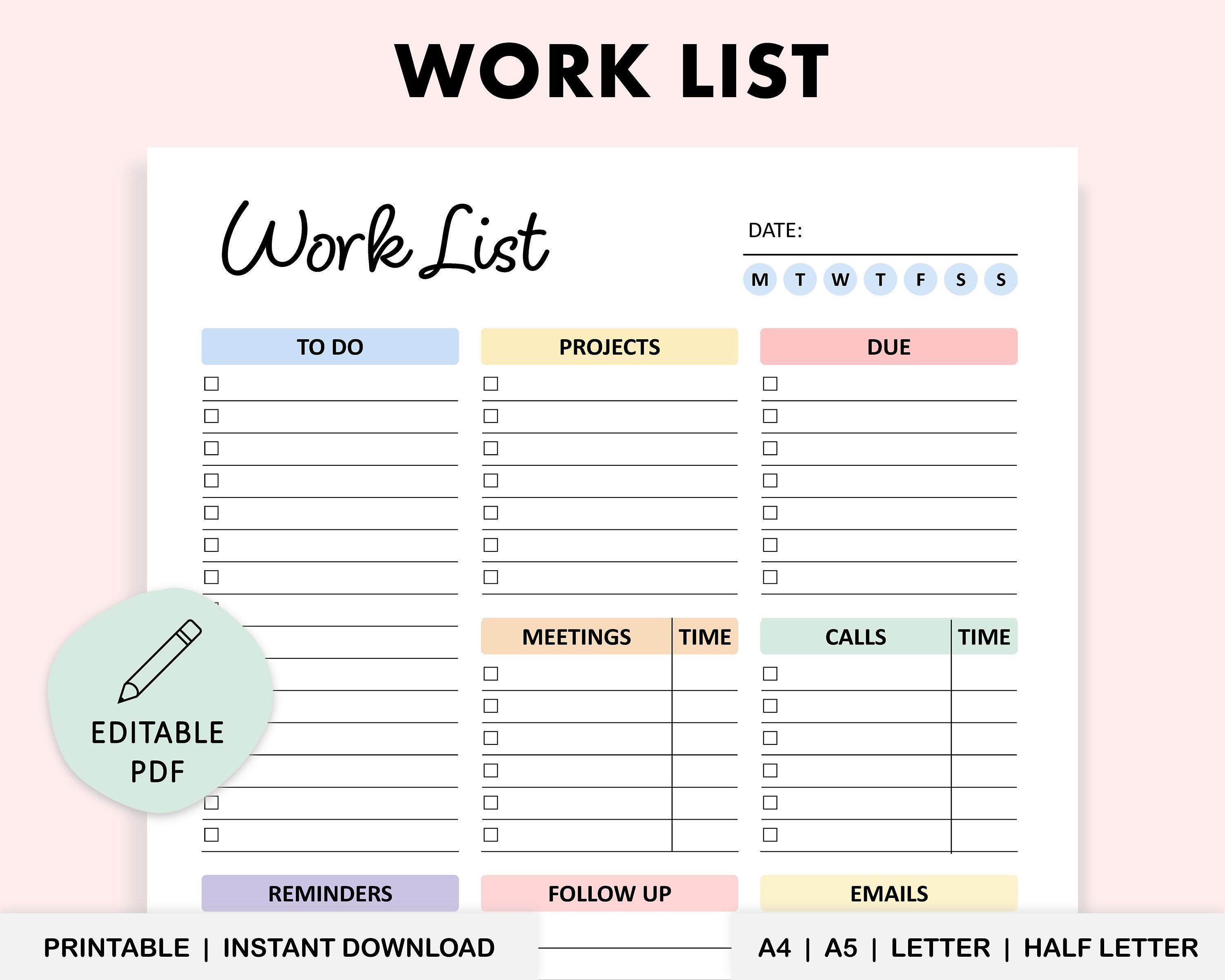 Work Task List Work Planner Work Day Checklist Office Organizer Office ...