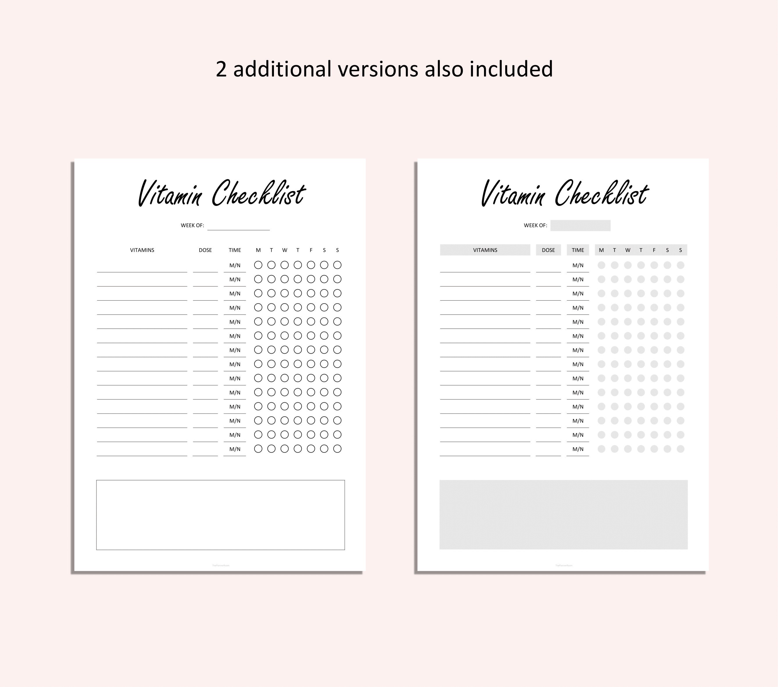 Vitamin Checklist - Vitamin Tracker - Weekly Supplement Checklist ...