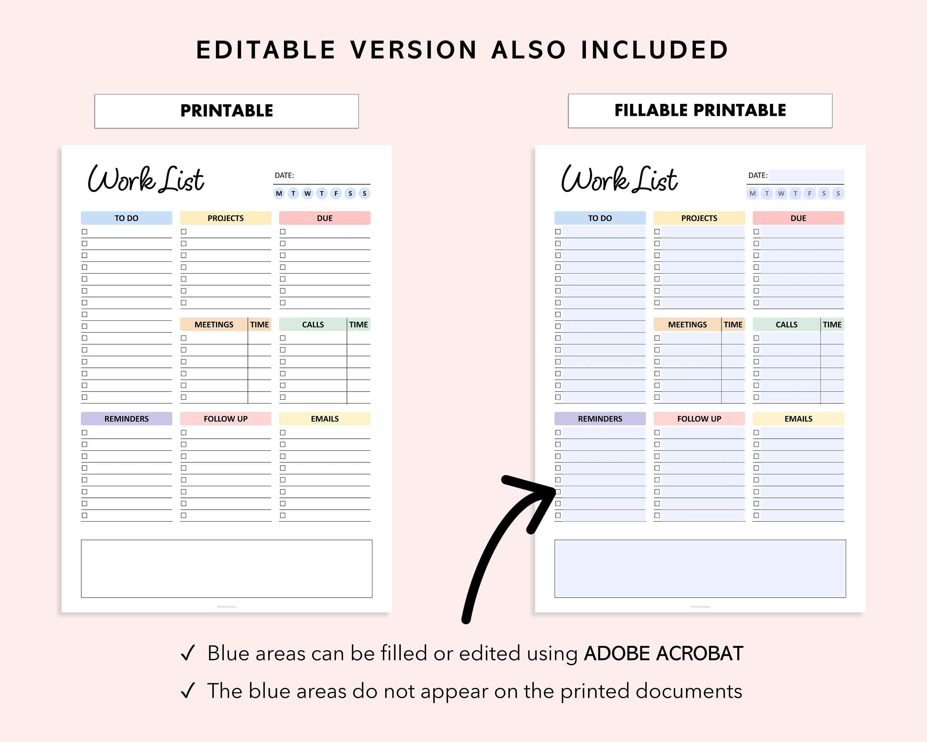 Work Task List Work Planner Work Day Checklist Office Organizer Office ...