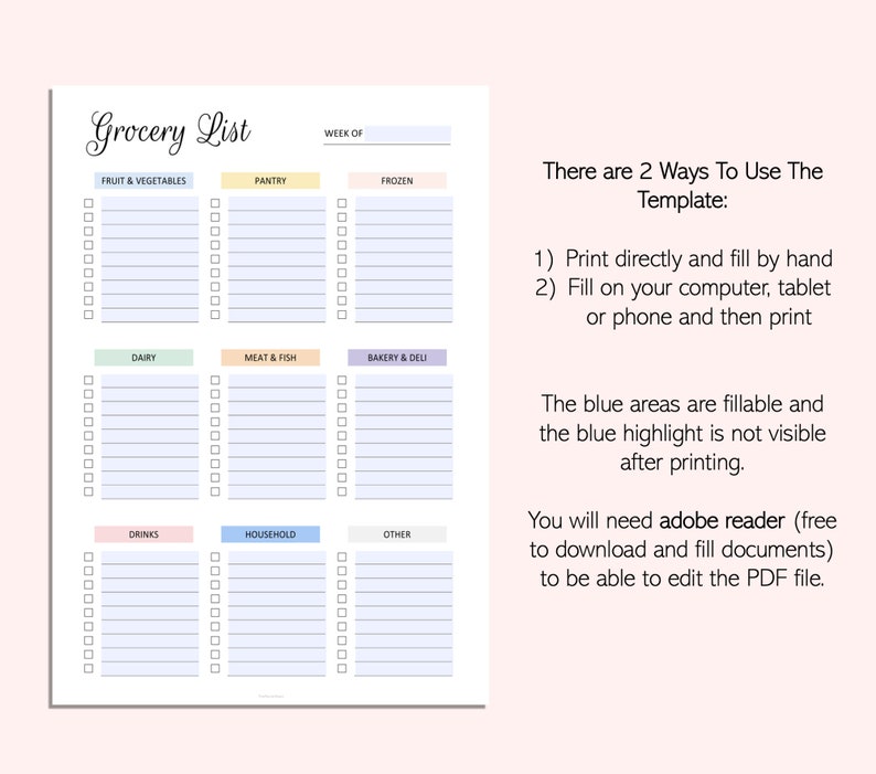 Editable Grocery List Shopping Checklist Printable PDF A4 A5 Letter - Etsy