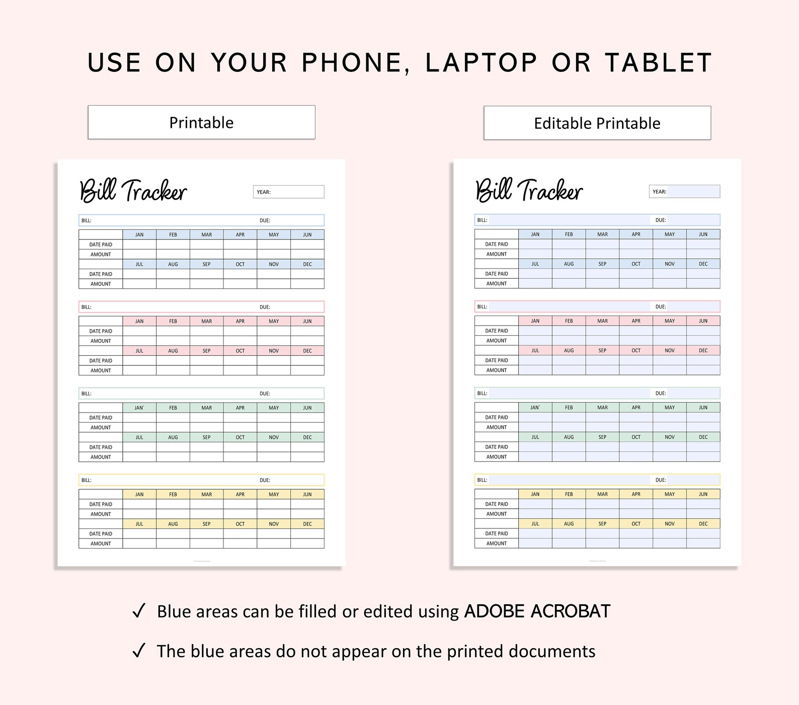 Editable Bill Tracker Tracker - Bill Log - Annual Bill Log - Utility ...