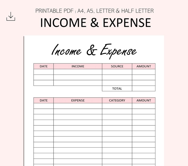 Income and Expense Tracker Printable One Page Minimal | Etsy