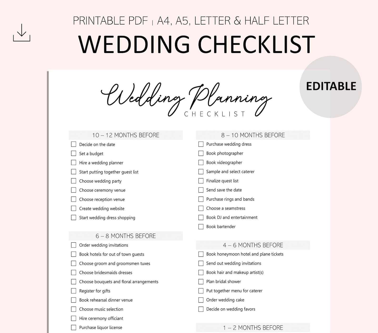 Editable Wedding Planning Checklist- Wedding Planning Printable ...