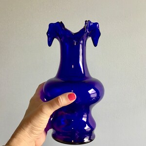 Vintage Hand Blown Cobalt Blue Shaped Vase With Ruffled Rim, Victorian ...