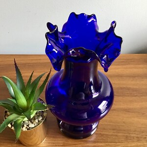 Vintage Hand Blown Cobalt Blue Shaped Vase With Ruffled Rim, Victorian ...
