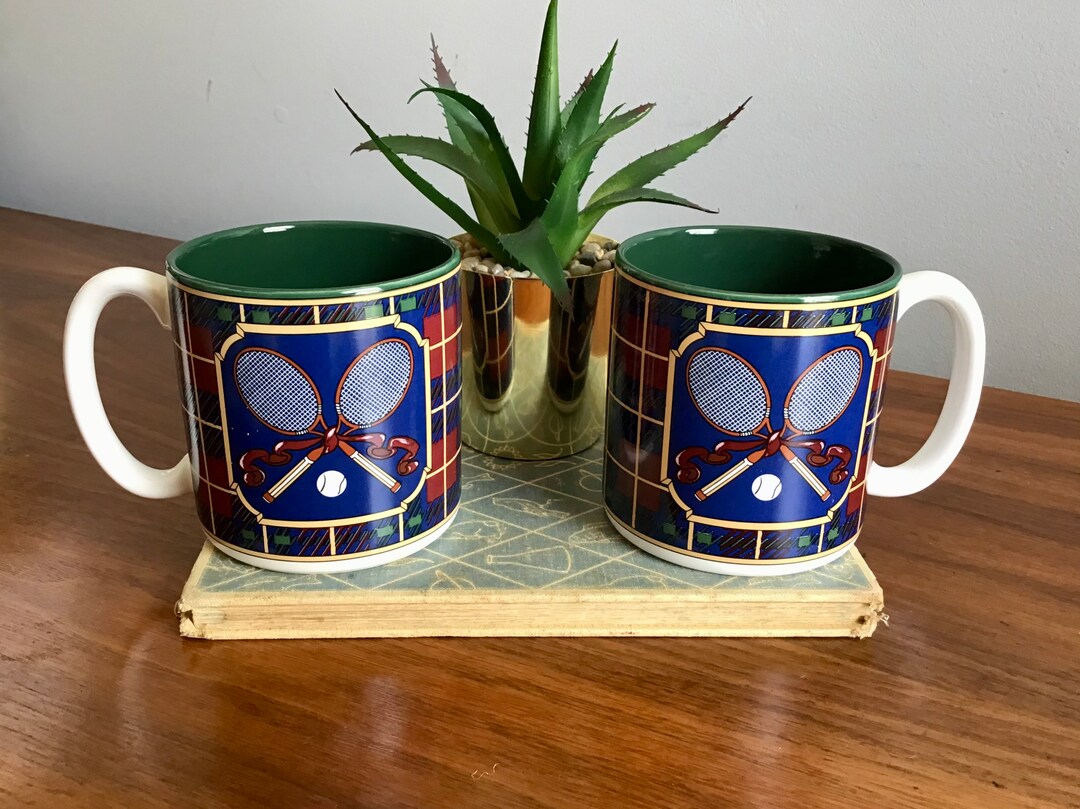 Vintage Pair of 1990s Tennis Themed Coffee Mugs, Jewel Toned Plaid With ...