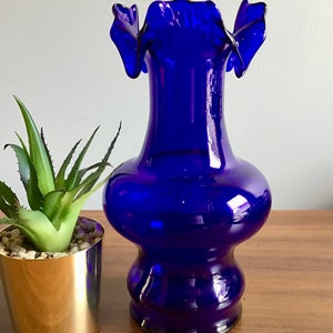 Vintage Hand Blown Cobalt Blue Shaped Vase With Ruffled Rim, Victorian ...