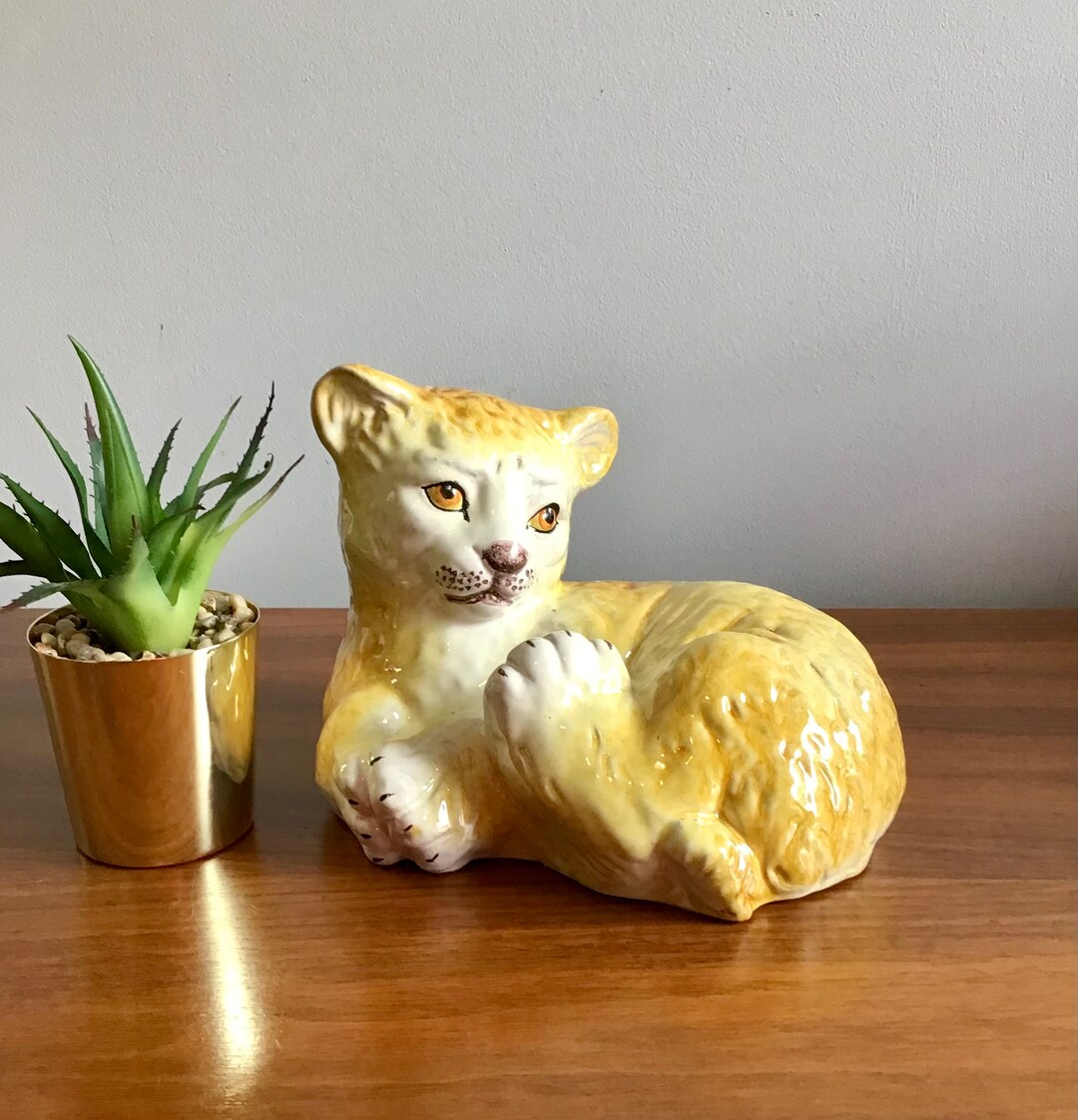 Vintage Mid Century Italian Majolica Lion Cub, Reclining Lion Cub ...