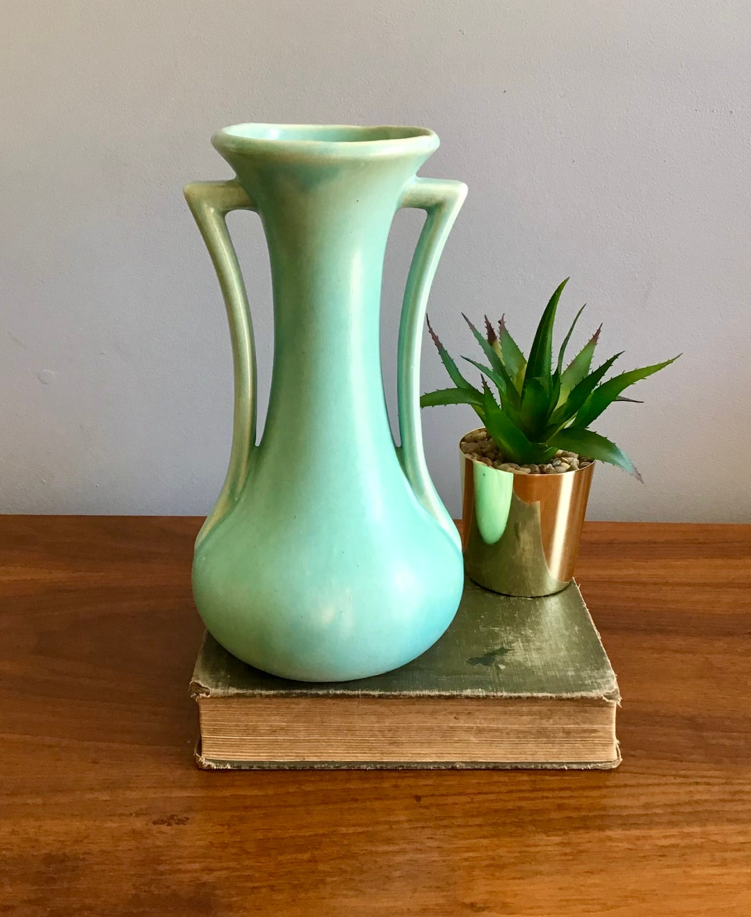 Vintage Nelson Mccoy Aqua Double Handled Vase, Art Deco USA Pottery, 1940s Mccoy Teal Vase - Etsy
