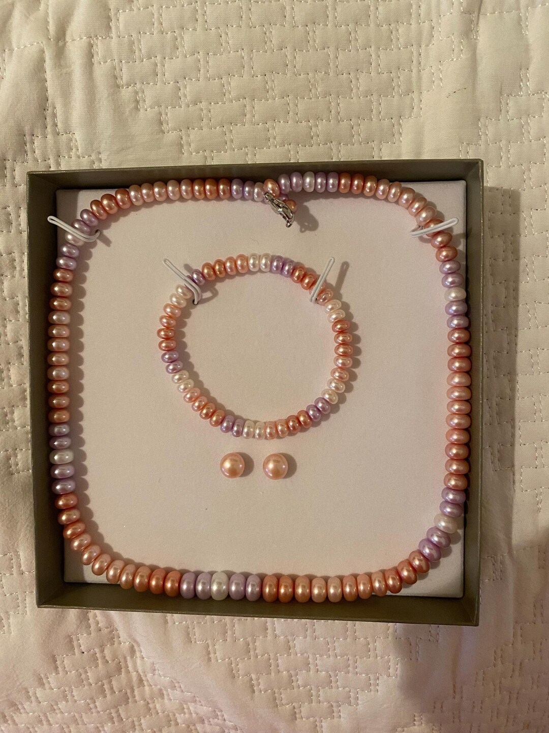 HONORA Genuine Pearl Set necklace, Stretch Bracelet, Pierced Stud ...