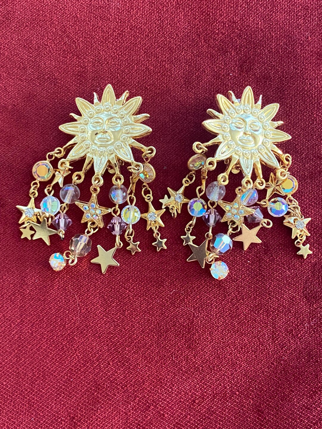 Vintage Kirks Folly Celestial Sun Clip on Earrings – Aurora Rhinestones ...