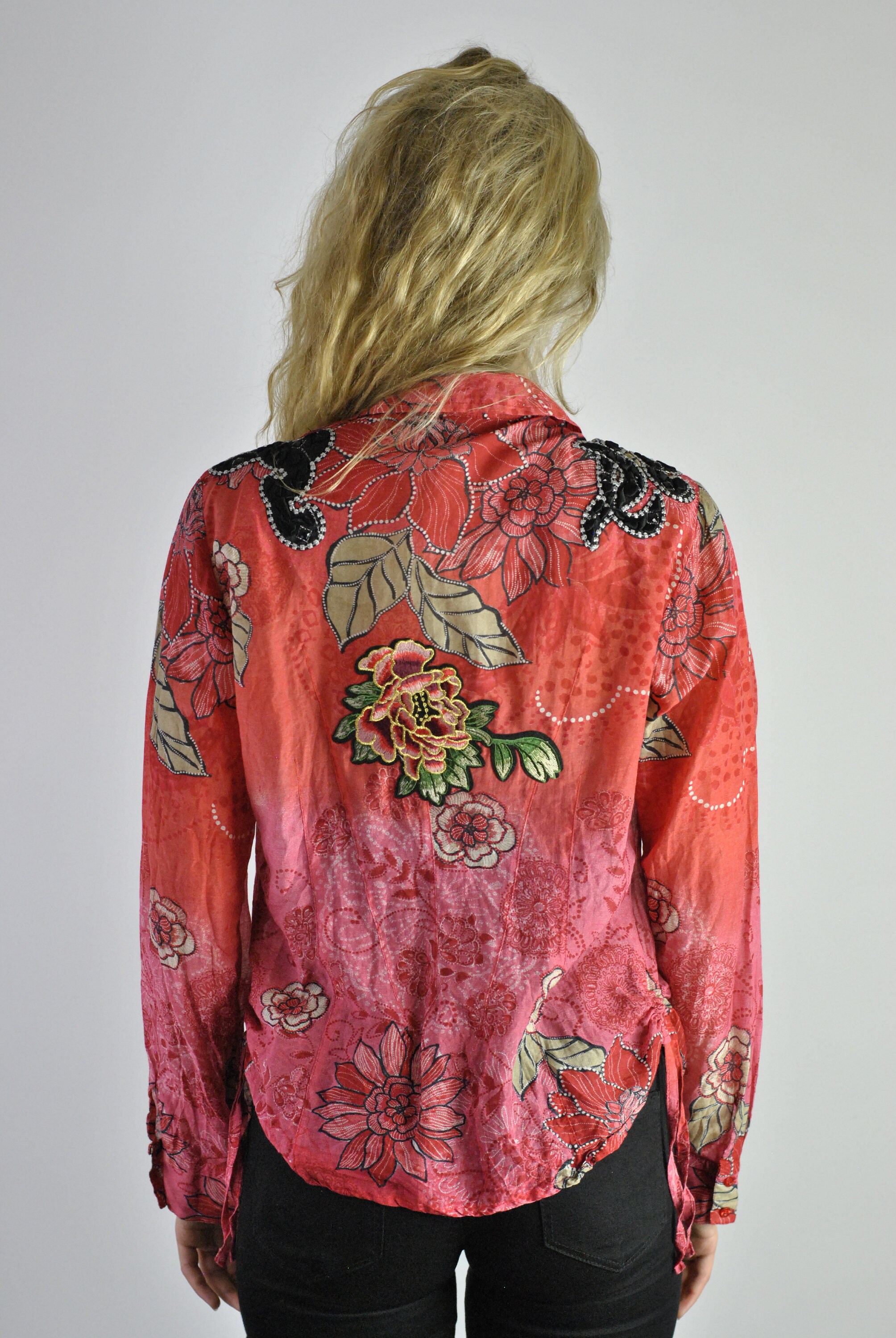 Redesigned Silk/cotton Shirt Pre-loved Vintage Adorned With Flowers and ...