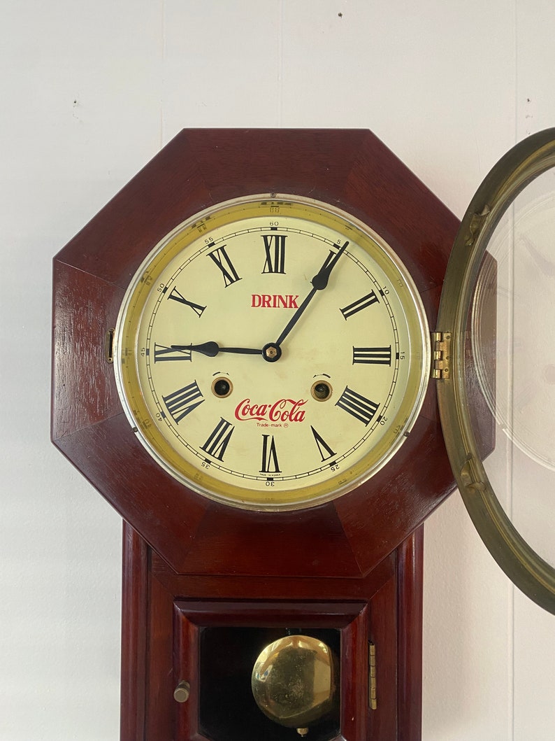Vintage Coca Cola Mechanical Clock Chiming Pendulum Cherrywood Wall ...
