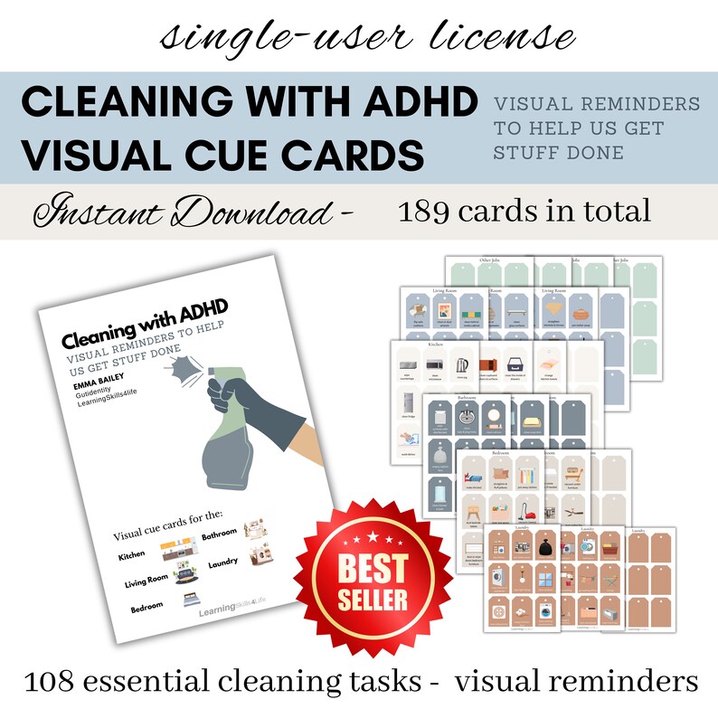 ADHD Visual Cue Cards - Cleaning With ADHD -single-use License- 189 ...