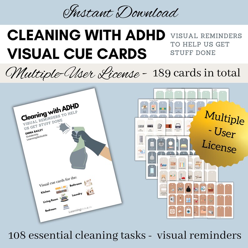 ADHD Visual Cue Cards - Cleaning With ADHD -multiple-user License- 189 ...