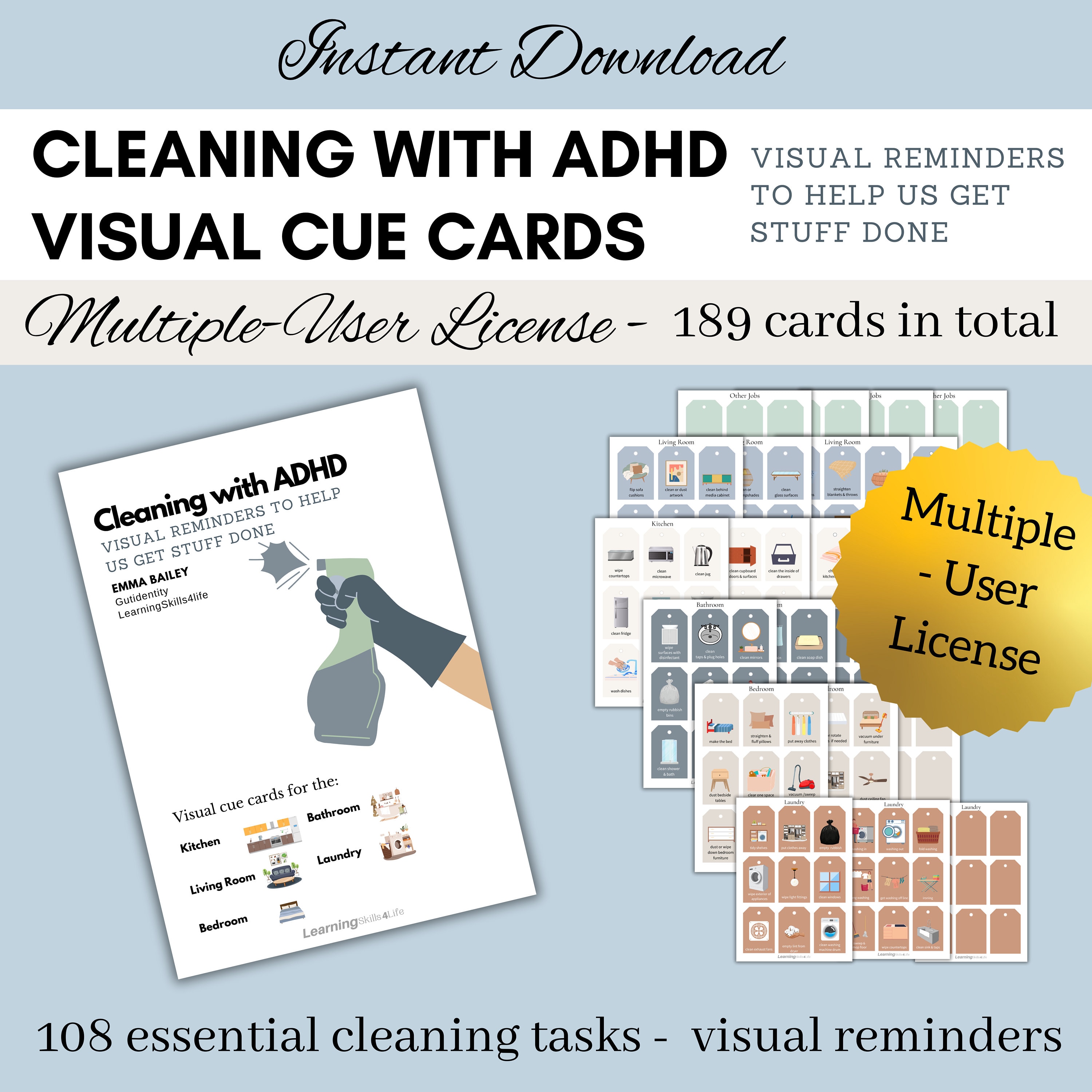 ADHD Visual Cue Cards - Cleaning With ADHD -multiple-user License- 189 ...