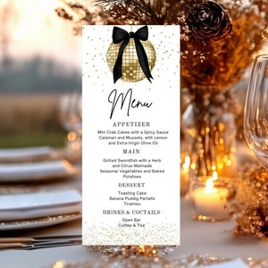 Editable Disco Ball Menu Card, Coquette Black Bow and Gold Disco Ball ...
