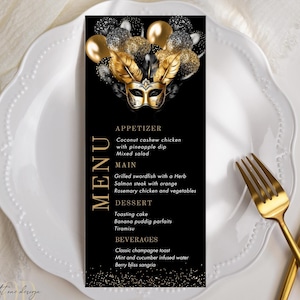 Editable Masquerade Menu Card Template, Gold Masquerade and Glitter ...